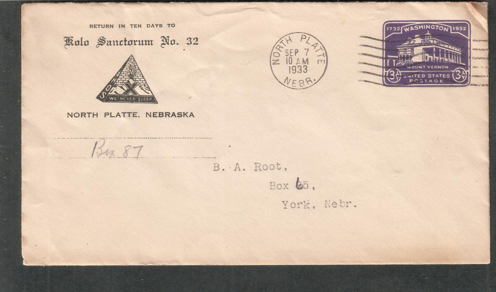 1933 cover Rolo Santorum No 23 AMOS Odd Fellows North Platte NE to York ...