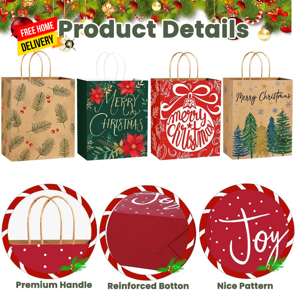 24PCS Christmas Gift Bags Christmas Kraft Paper Reusable Small Gift ...