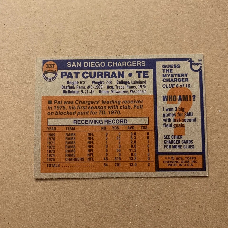 1976 Topps Pat Curran # 337 San Diego Chargers Football Card NFL | eBay