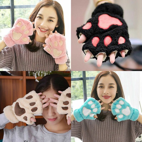 Cat Claw Bear Paw Gloves Womens Warm Plush Faux Fur Cosplay Fingerless ...