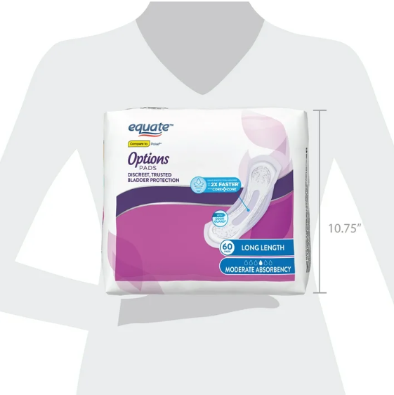Equate Options Incontinence Pads for Women, Long Length, 60 Ct | eBay