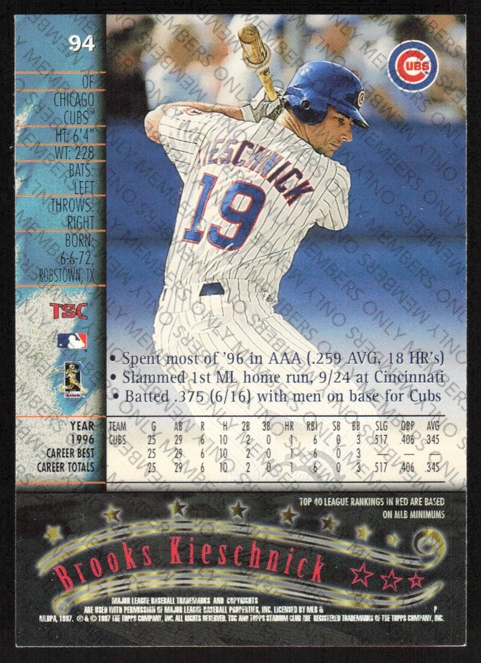 1997 Topps Stadium Club Members Only Brooks Kieschnick #94 Chicago Cubs ...