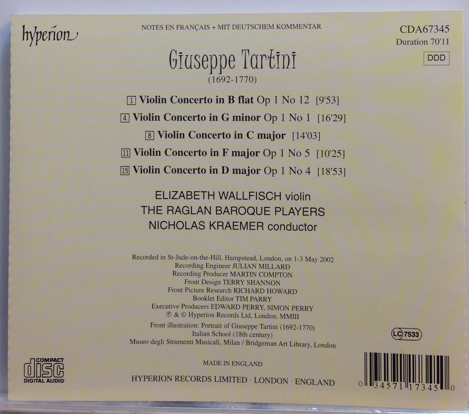 Tartini, Elizabeth Wallfisch : Violin Concertos (CD 2003 Hyperion ...