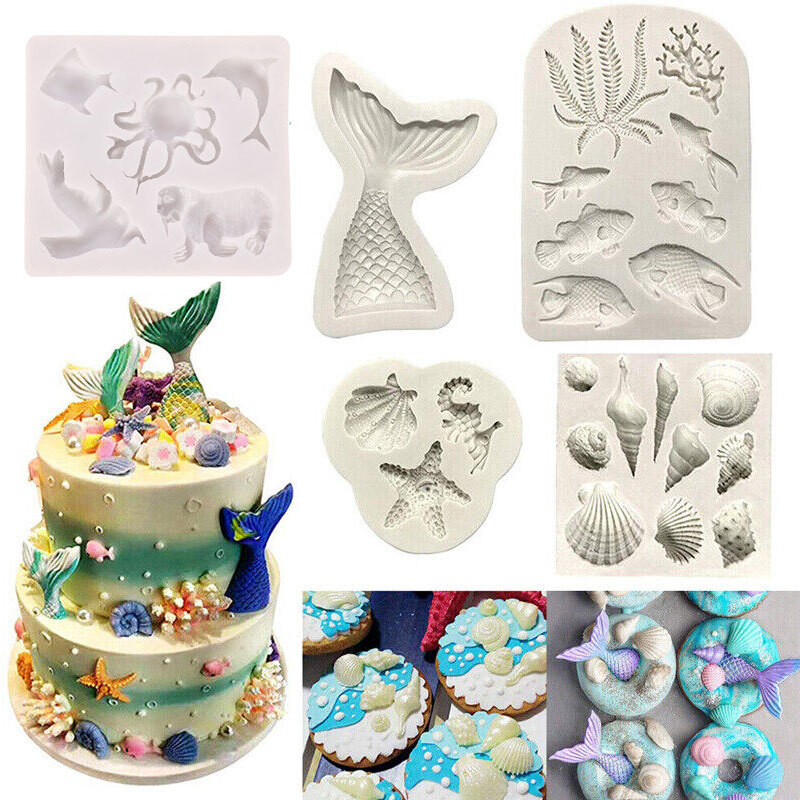 5pcs Mermaid Silicone Cake Decorating Moulds Sea shell Fondant ...
