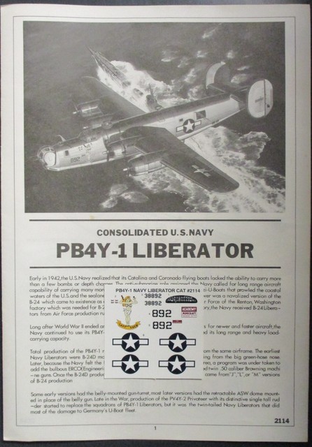 Academy 2114 1/72 Scale Ww2 US Navy Pb4y-1 Liberator Anti Sub Bomber ...