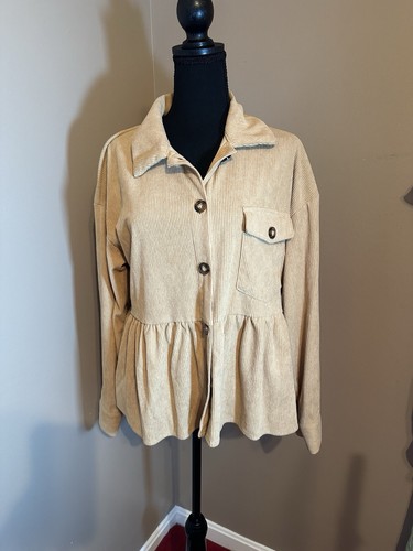 Shein Light Brown Tan Corduroy Peplum Shacket Shirt Button Up High ...