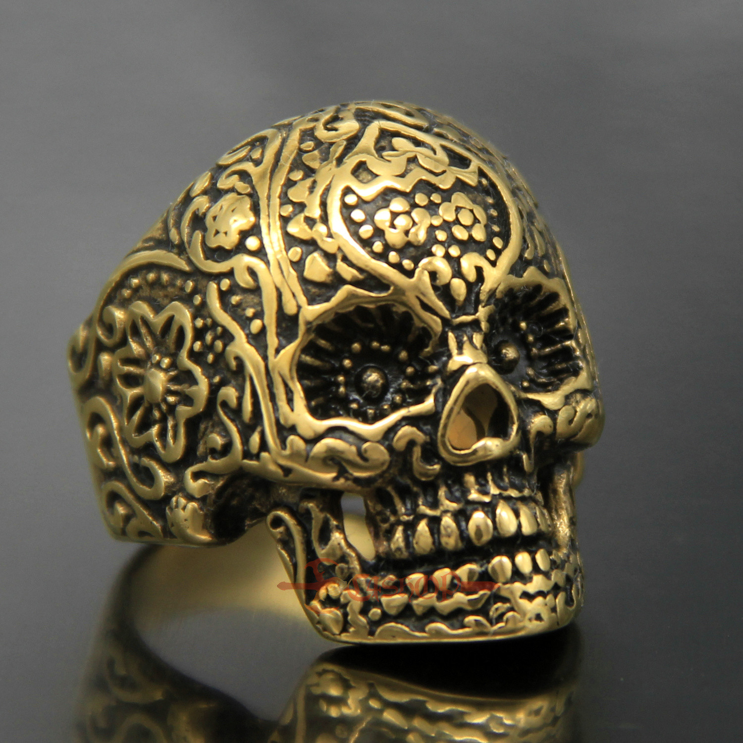 Mens Gothic Retro Biker Gothic Gold Floral Embossed Stainless Steel ...