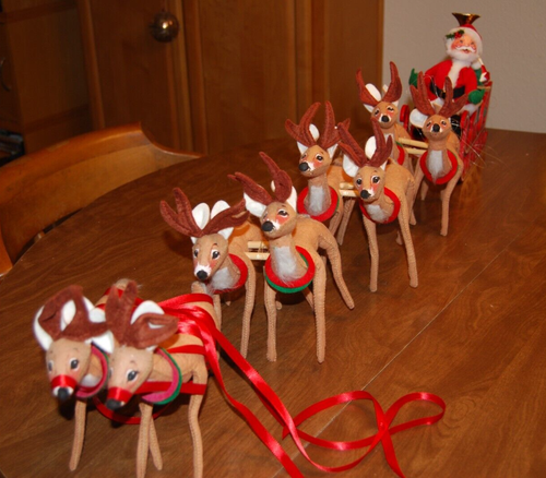 1990 Annalee Santa in Sleigh Drawn by 8 Eight Reindeer "And to All Good ...