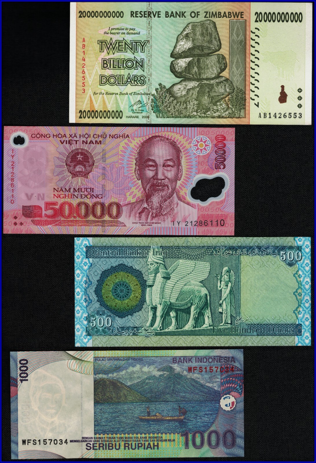 20 Billion Zimbabwe Dollars 50000 Vietnam Dong 500 Dinars Iraq 2018 ...