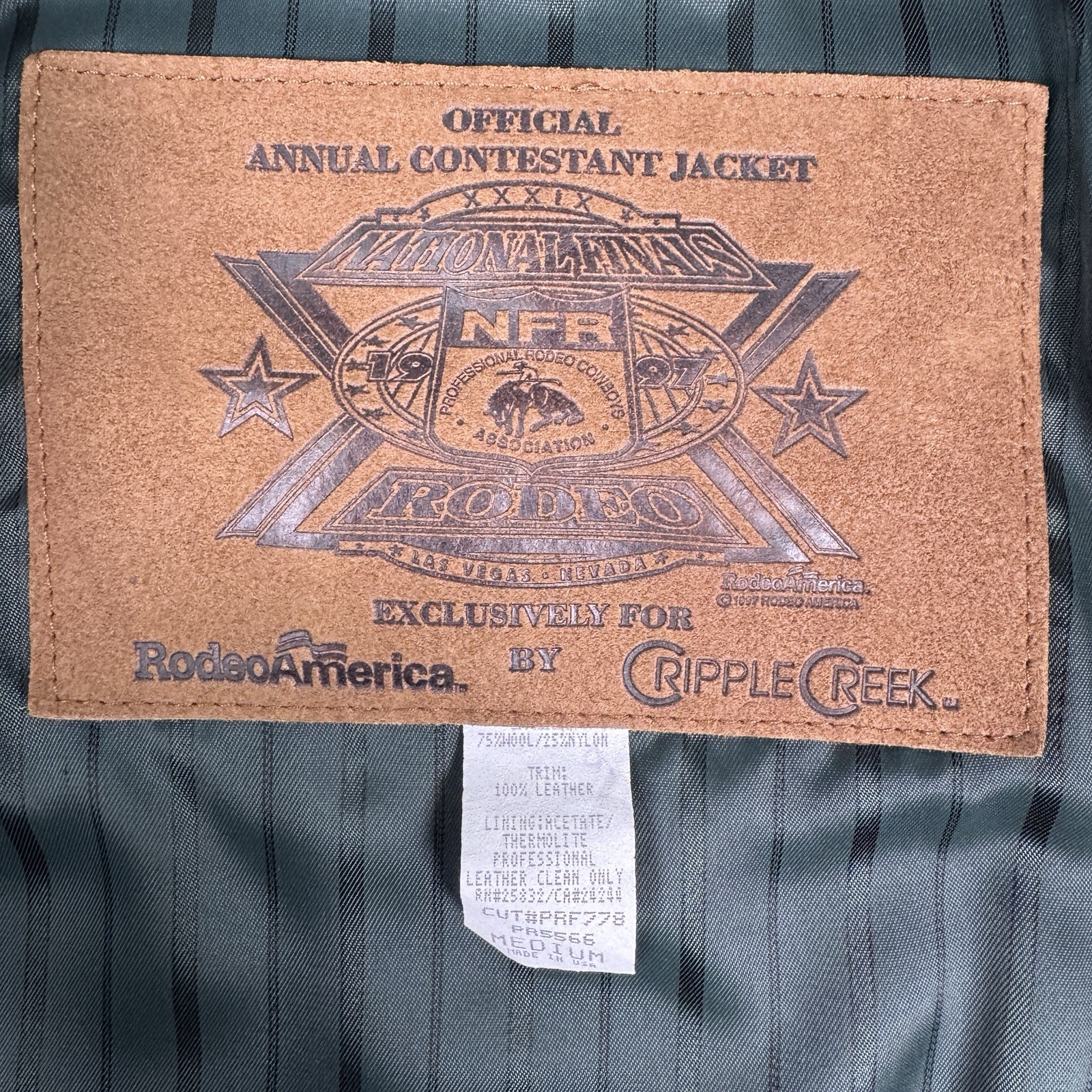 Vintage NFR Cripple Creek Rodeo Contestant Jacket Mens M Leather USA ...