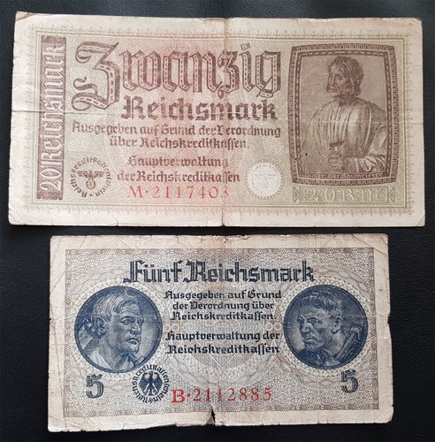 Lot of Nazi Germany 3rd Reich 5, 20 reichsmark banknotes, F-, WW2 | eBay