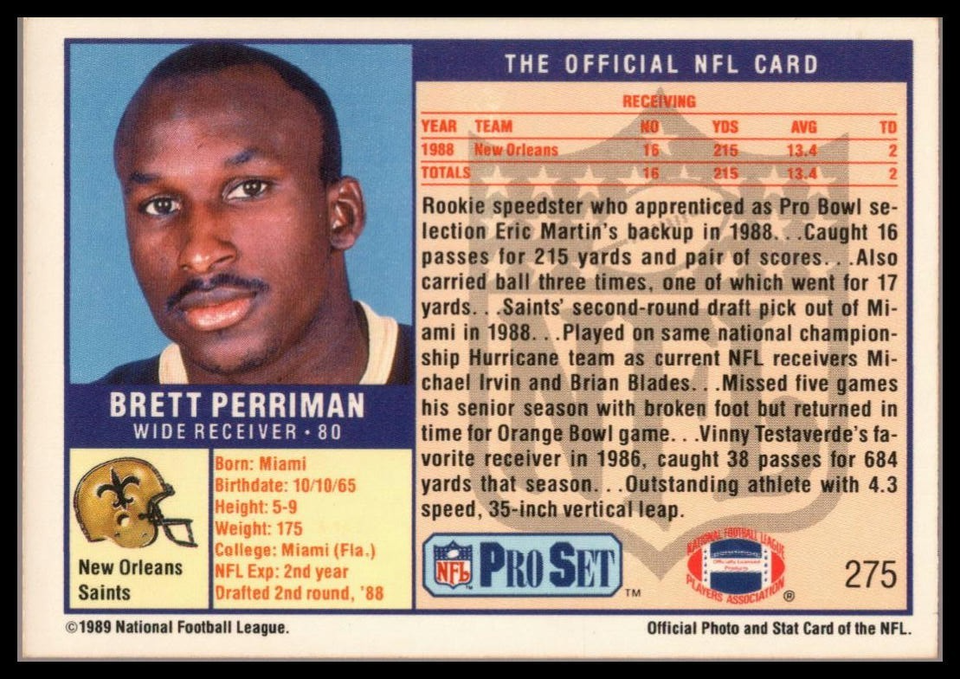 1989 Pro Set #275 Brett Perriman Rookie Card New Orleans Saints /RC | eBay