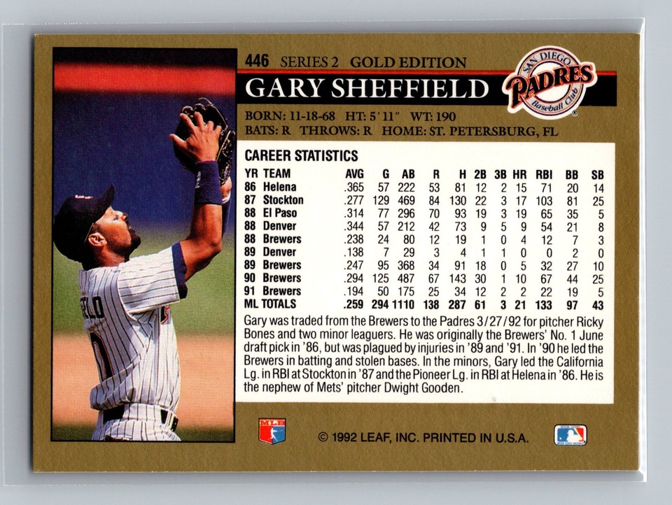 1992 Leaf BLACK GOLD Gary Sheffield #446 - San Diego Padres | eBay UK