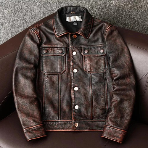 Vintage brown cowhide jacket Men genuine leather coat casual leather ...