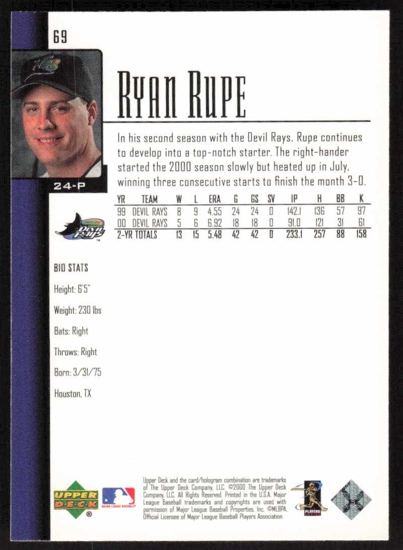 2001 Upper Deck #69 Ryan Rupe Tampa Bay Devil Rays | eBay