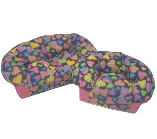 VINTAGE BARBIE TOYMAX FABRIC FURNITURE COUCH SOFA & LOVE SEAT W/ HEART ...