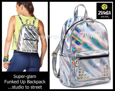 Zumba FUNKED UP BACK PACK Tote Gym Bag Silver Glam! Split 100% Leather ...