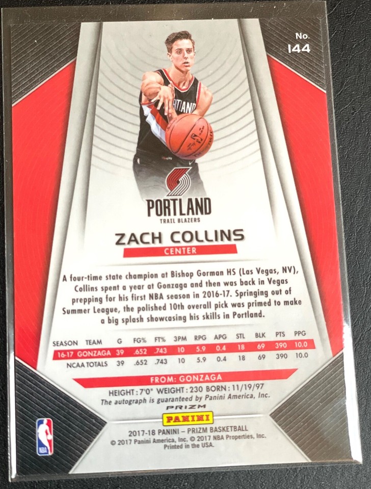 Zach Collins 2017-18 Panini Prizm Fast Break Prizm Auto RC #144 Blazers ...