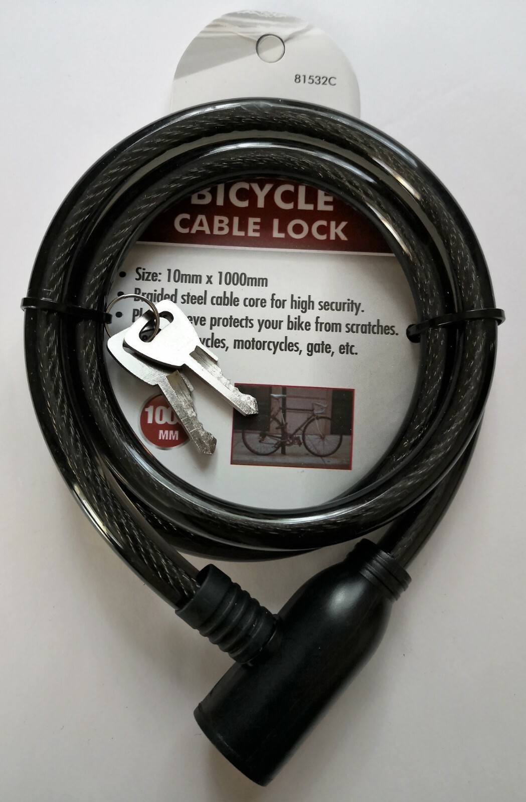 Keylock Bike Bicycle Cycle Lock 10mm by 1 Metre 2 Keys Steel Cable ...