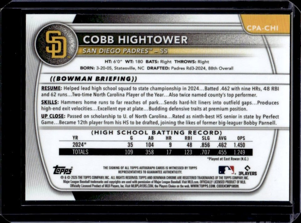 2025 Bowman Cobb Hightower Chrome Auto 1st #CPA-CHI Padres | eBay