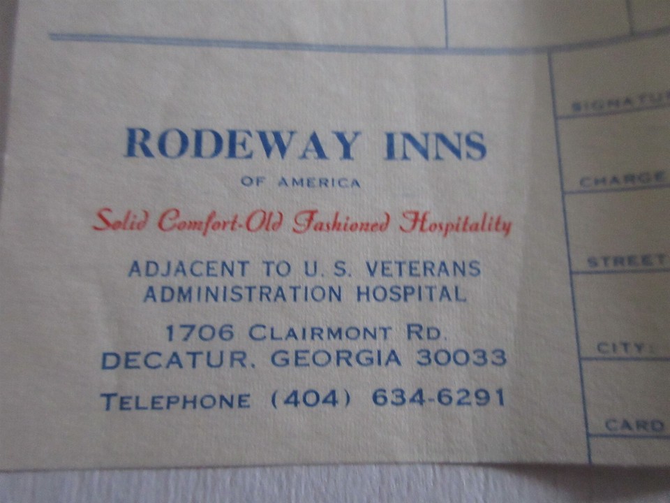 1973 Rodeway Inns Decatur Georgia hotel room receipt US Veterans ...