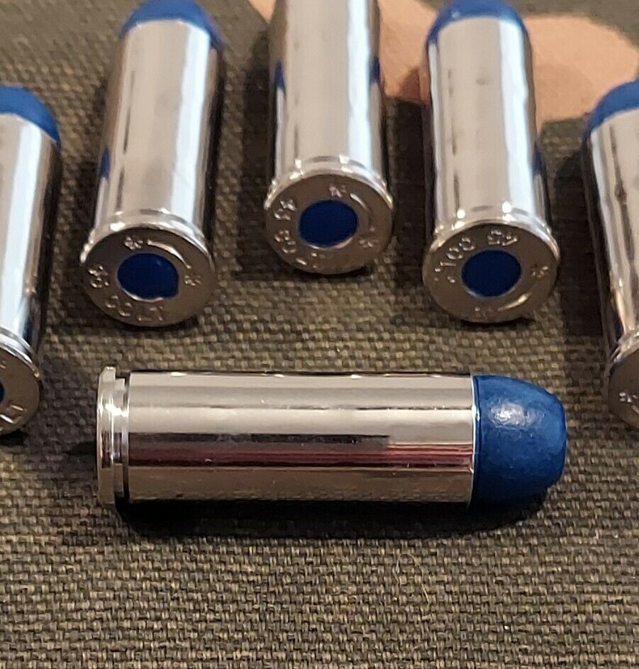 45 LONG COLT SNAP CAPS SET OF 6, BLUE AND NICKEL, REAL WEIGHT!!! 45LC ...