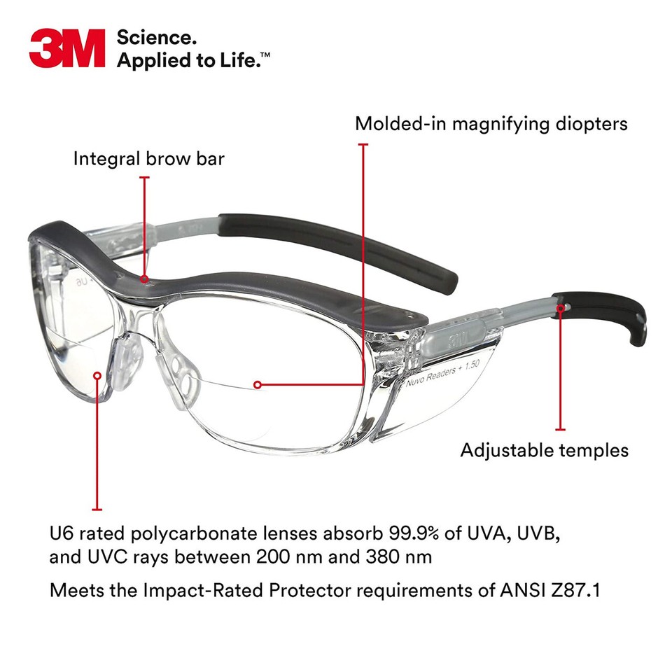 3M Clear Anti Fog BIFOCAL READERS Safety Glasses UV ANSI Z87 ...