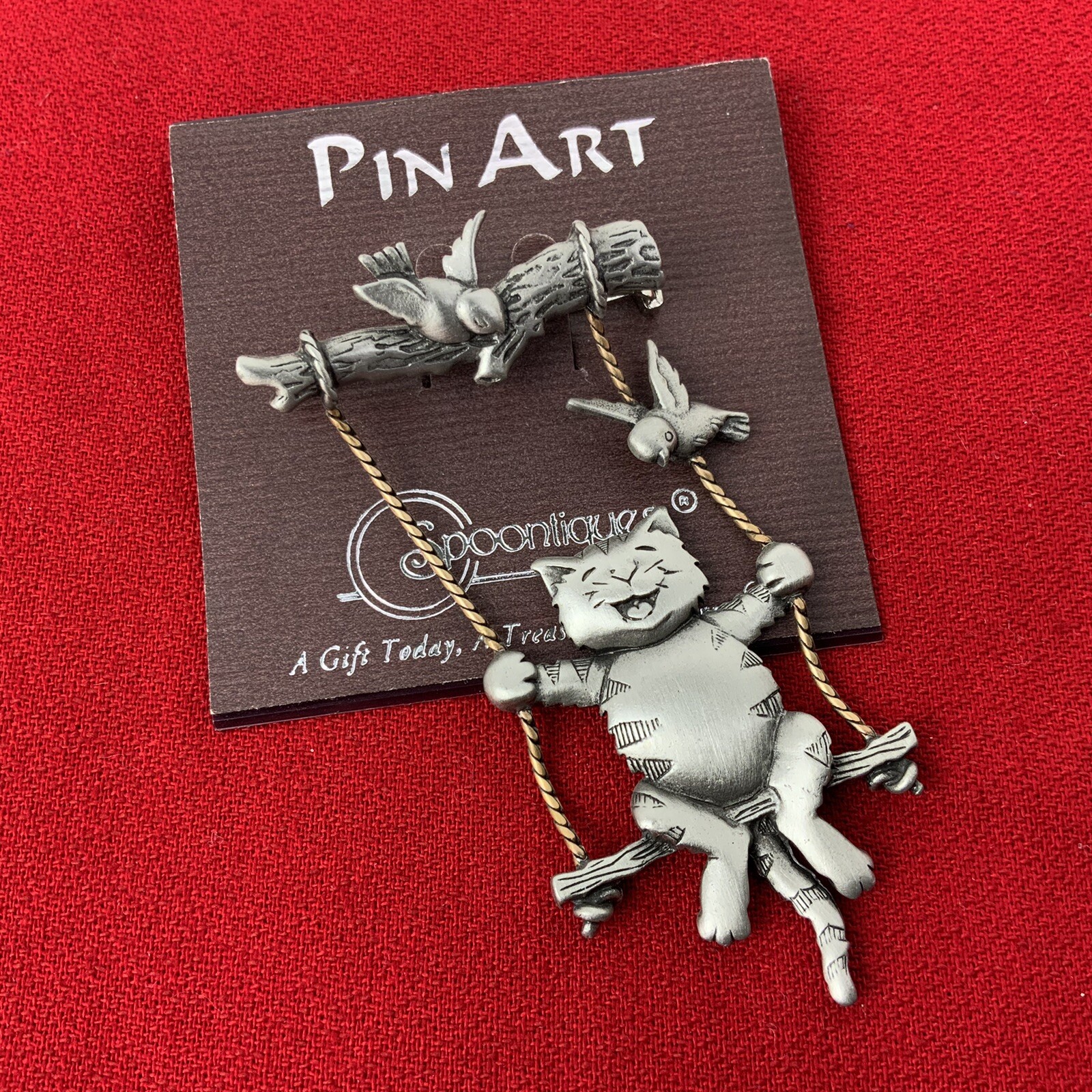 Vintage JJ Pin Art Pewter Cat Tree Swing Signed Brooc… - Gem