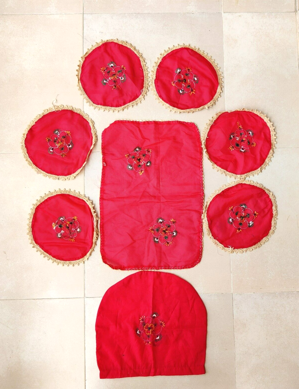 1940s Vintage Handwoven Red Embroidery Table Cloth Set of 8 Home Decor ...