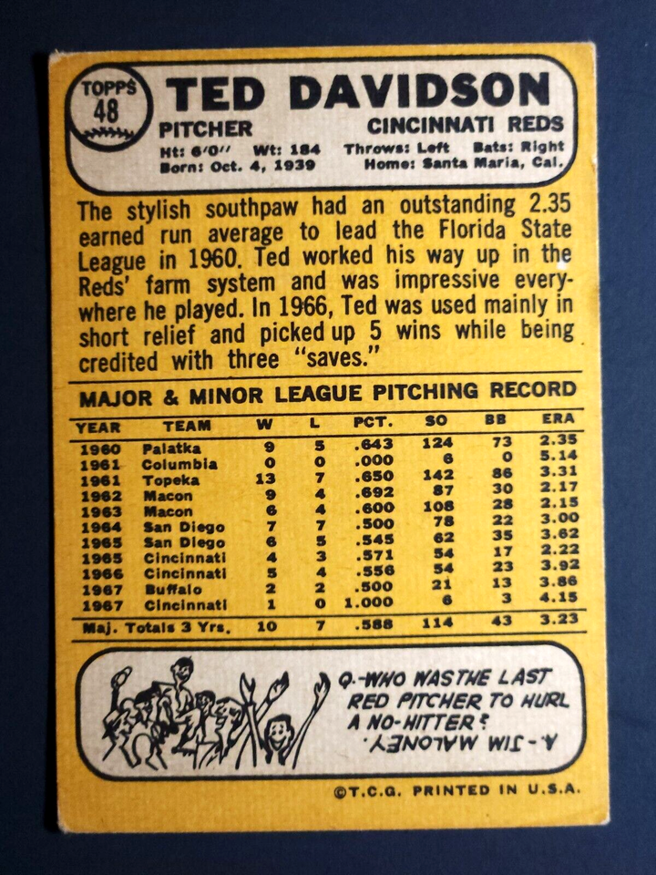 1968 TOPPS BASEBALL #48 TED DAVIDSON CINCINNATI REDS *VGEXC* NO CRS ...