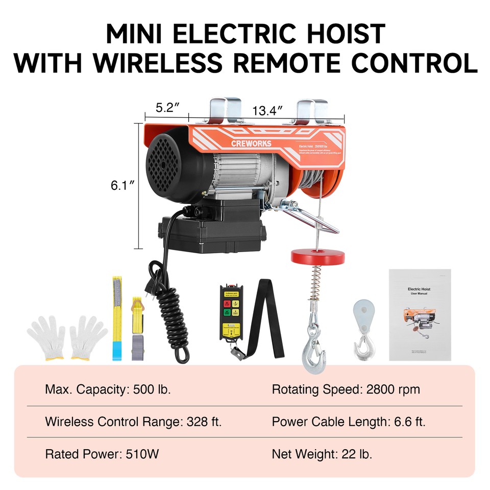 CREWORKS Electric Hoist 500 lb Crane Winch with 328 ft Wireless Remote ...