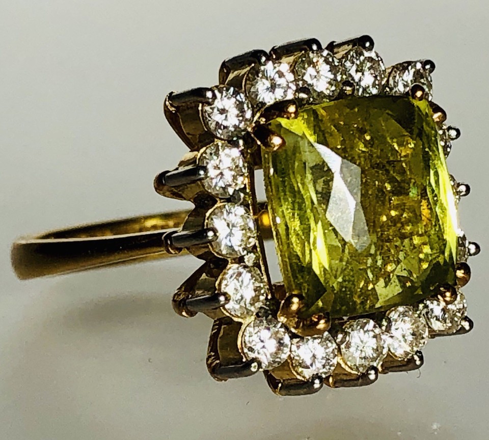 Burle Marx 18K Yellow Gold Cushion Green Chrysoberyl Diamond Halo ...