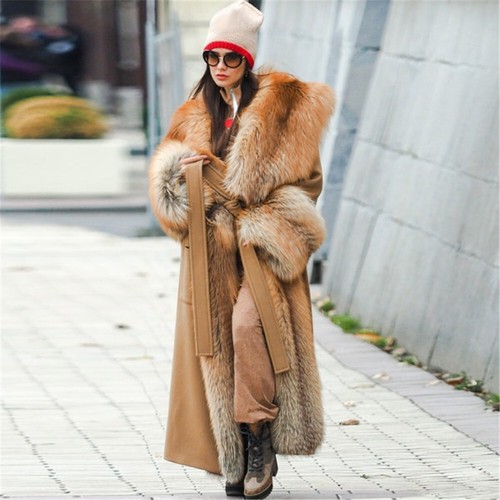 Elegant Winter Women Woolen Coat Real Red Fox Fur Collar Cuffs Edge ...