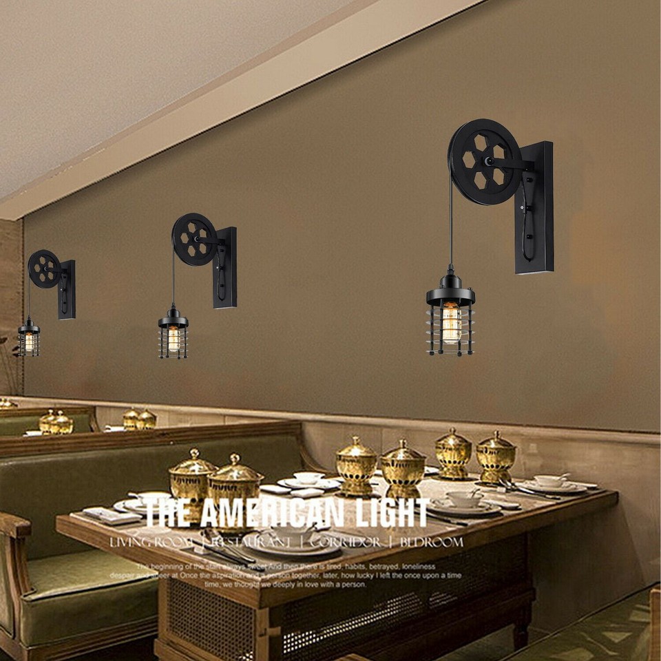Wheel Wall Light Retro Industrial E27 Fitting Pully Wall Hanging Lamp ...
