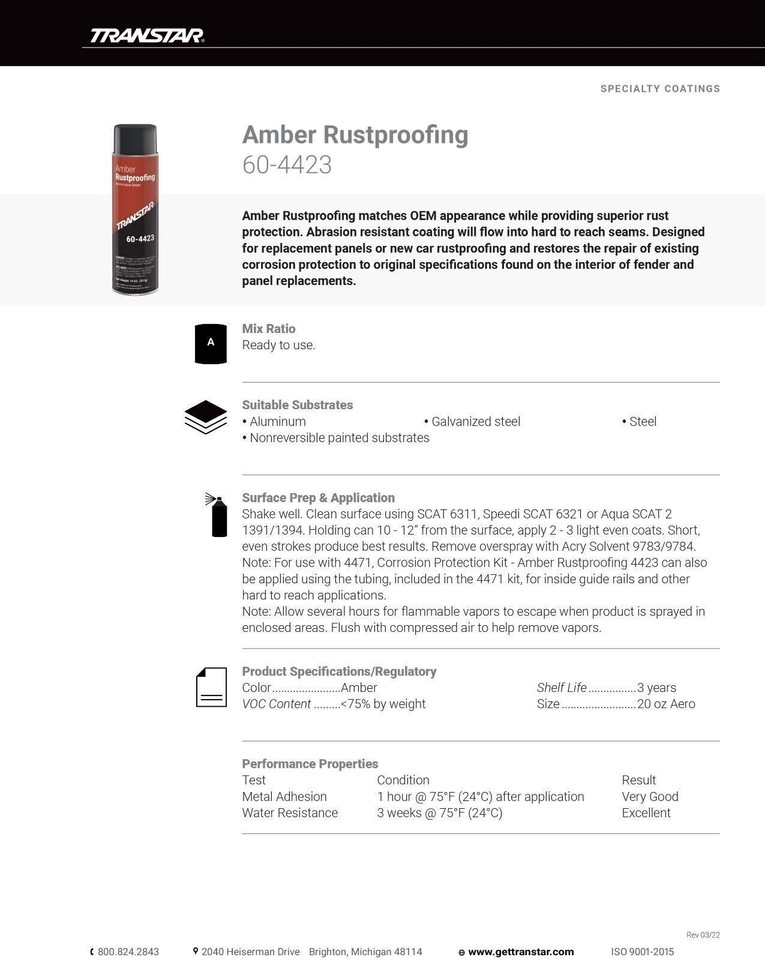 Transtar 4423 Amber Aerosol Rustproofing Aerosol | 0845505000267
