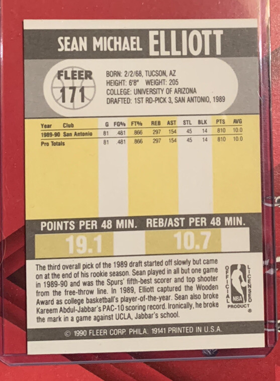 1990-91 Fleer Sean Elliott Rookie San Antonio Spurs #171 | eBay