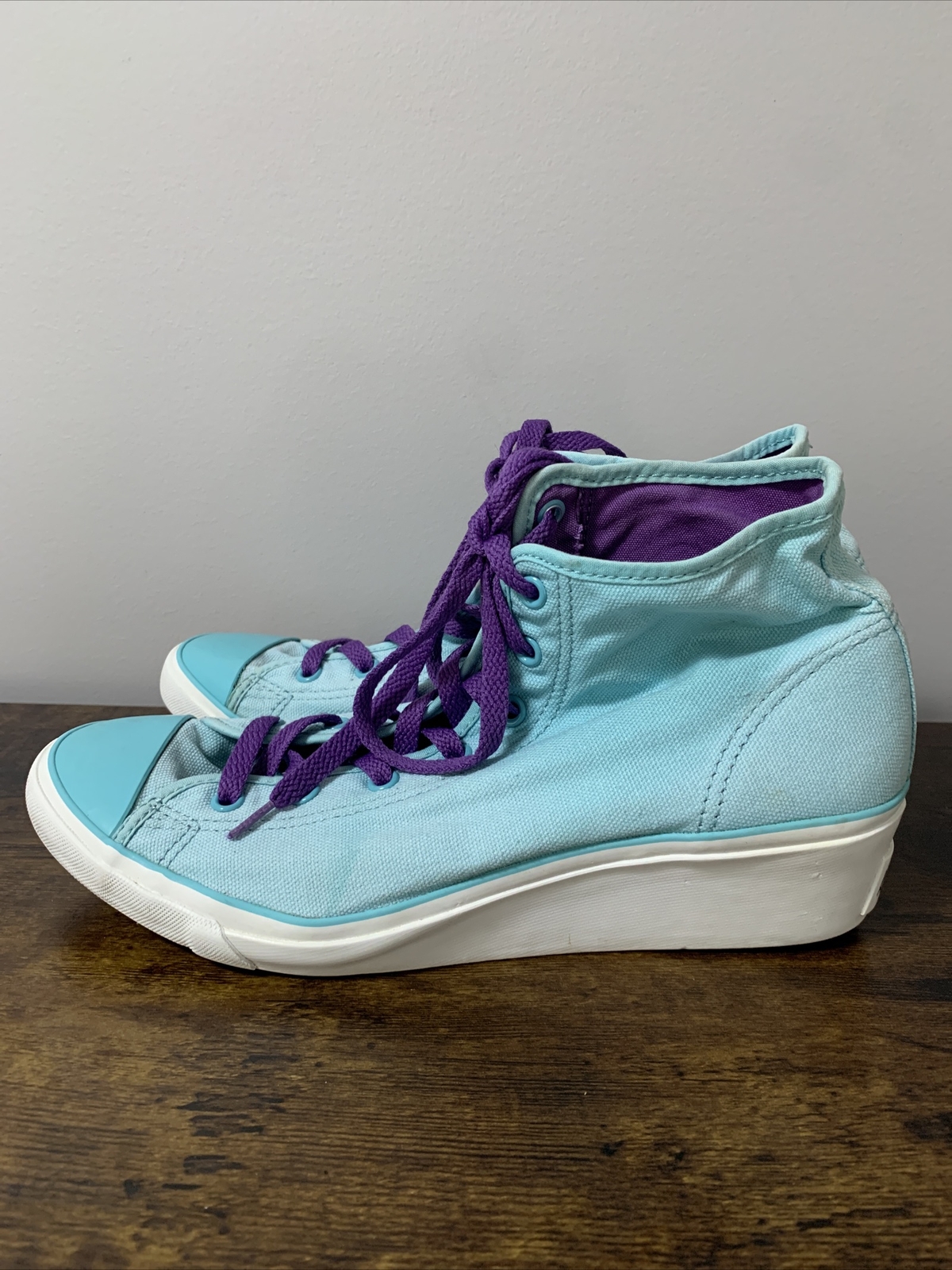 CONVERSE All Star Women Sz 10 Turquoise/Purple Laces Hidden Heel Wedge ...