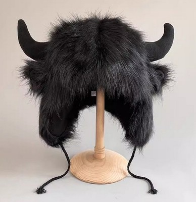 Winter Men Fur Ear Flap Hat Cap Trapper Fleece Funny Cow Horn Ear Party ...