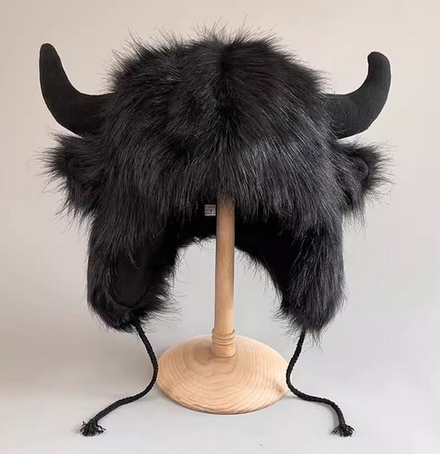 Winter Men Fur Ear Flap Hat Cap Trapper Fleece Funny Cow Horn Ear Party ...