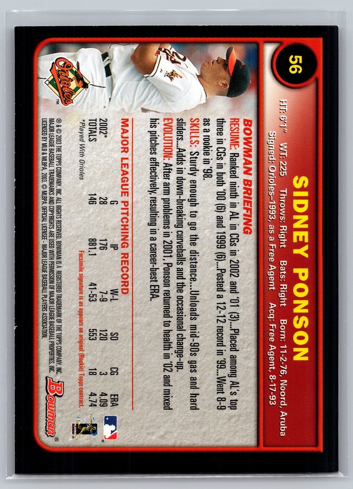 2003 Bowman Sidney Ponson #56 Baltimore Orioles | eBay