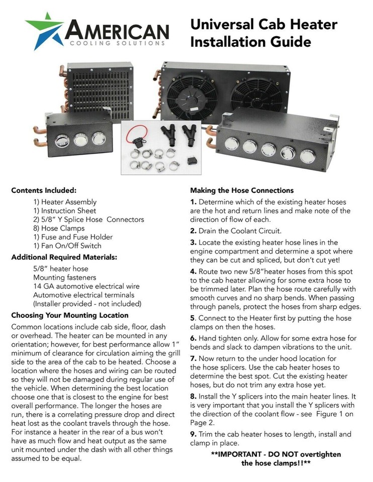 20,000 BTU 12V Low Profile Universal Auxiliary Cab Heater Car UTV Truck ...
