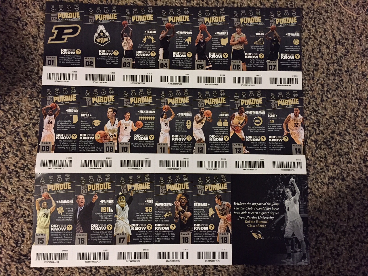 2014-15 PURDUE BOILERMAKERS COLLEGE BASKETBALL TICKET SHEET SET STRIP ...