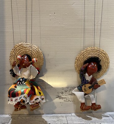 2 Vintage String Puppet Marionette Mexican Folk Art Senorita 10” Senor ...