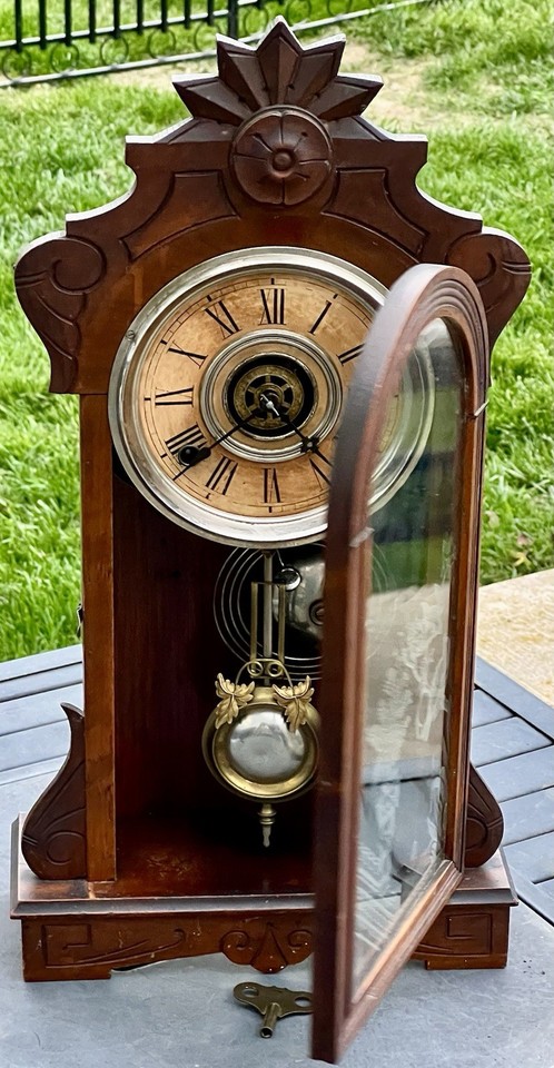 ANTIQUE VICTORIAN PARLOR 21" GILBERT MANTLE SHELF WIND UP CLOCK ...