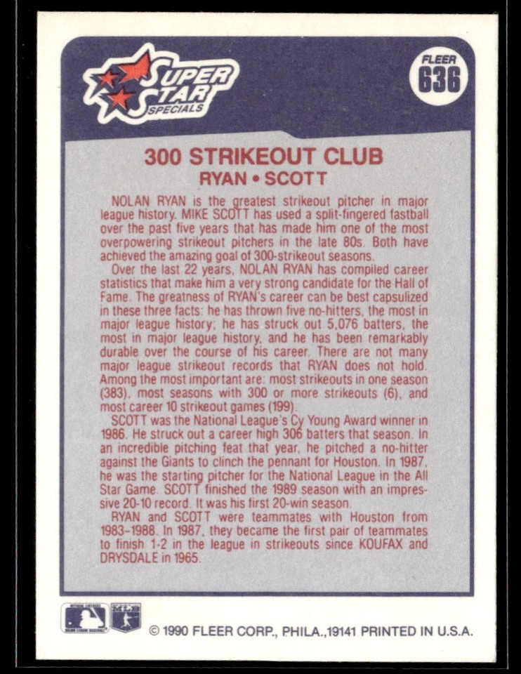 1990 Fleer #636 Nolan Ryan / Mike Scott Baseball Card 1501G | eBay