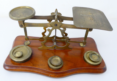 Victorian Brass Letter Weighing Scale With Weights And Postal Rate ...
