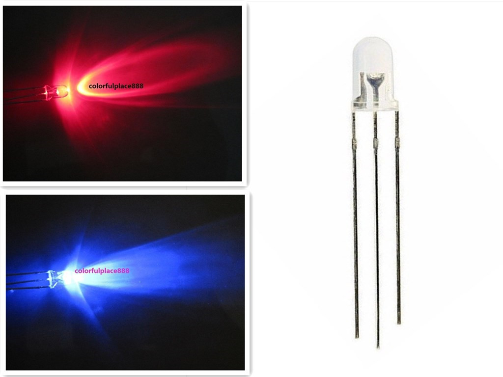 100pcs, 5mm Dual Bi-Color Red/Blue 3-Pin Water Clear Led Common Cathode ...