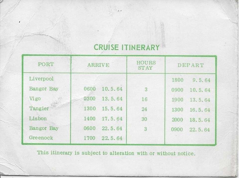 MS Dunera B&I Educational Cruises, 1964 Rare insert card, some wear ...