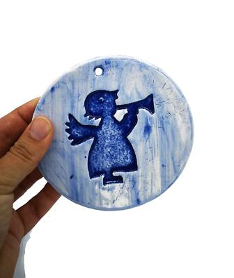 1Pc Handmade Blue Ceramic Angel Ornament Christmas Wall Hanging Pottery ...