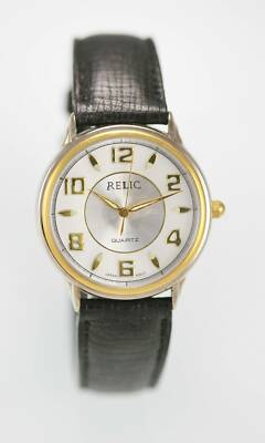 Relic Men Watch Silver Gold Stainless Steel Leather Black Water Res ...